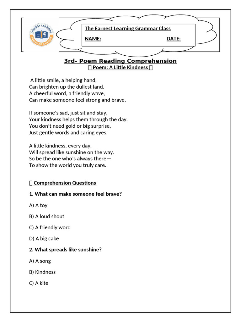 3rd Poem Comprehension Just Be Me | PDF