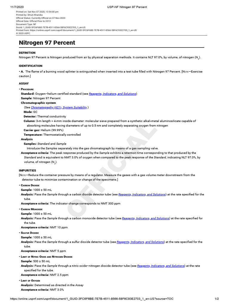 USP Nitrogen 97% Specification | PDF | Gas Chromatography | Oxide