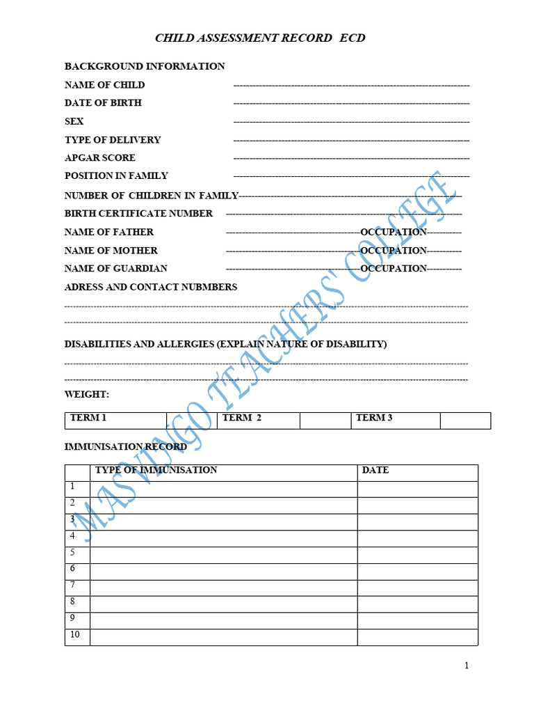 Child Assessment Record for ECD | PDF | Language Development ...