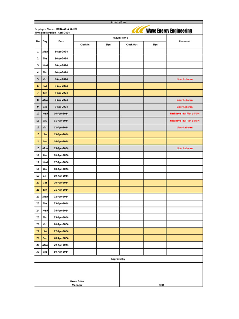Time Sheet WEE April 2024-DeKA | PDF