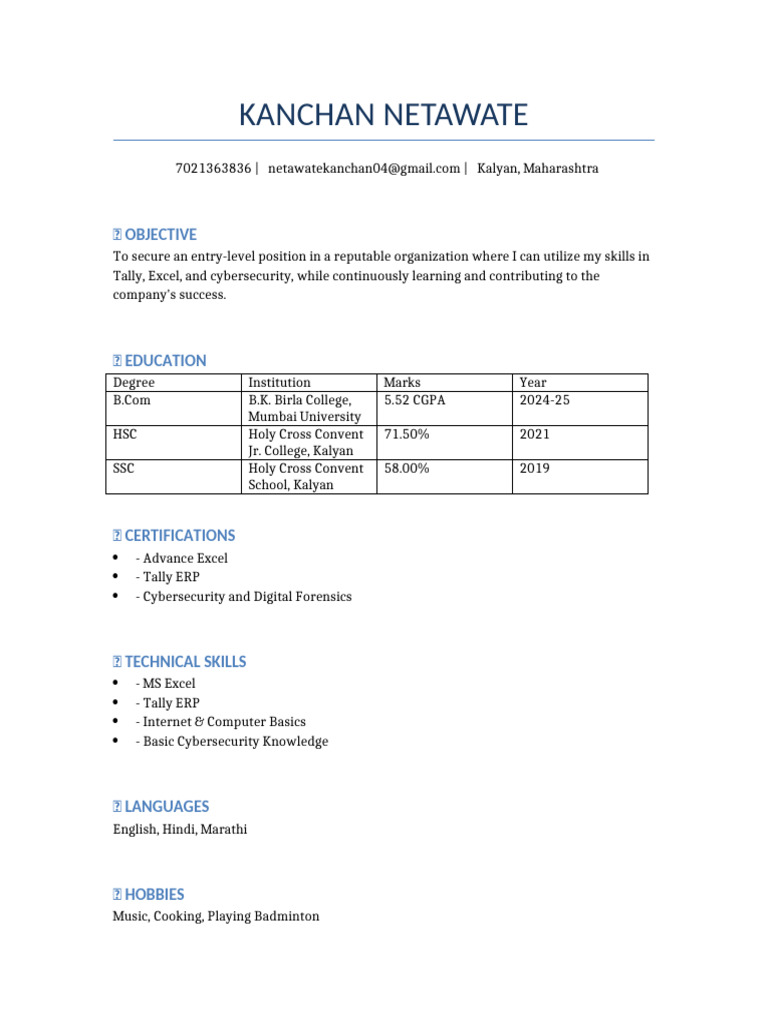 Kanchan Netawate Resume Reordered Education | PDF
