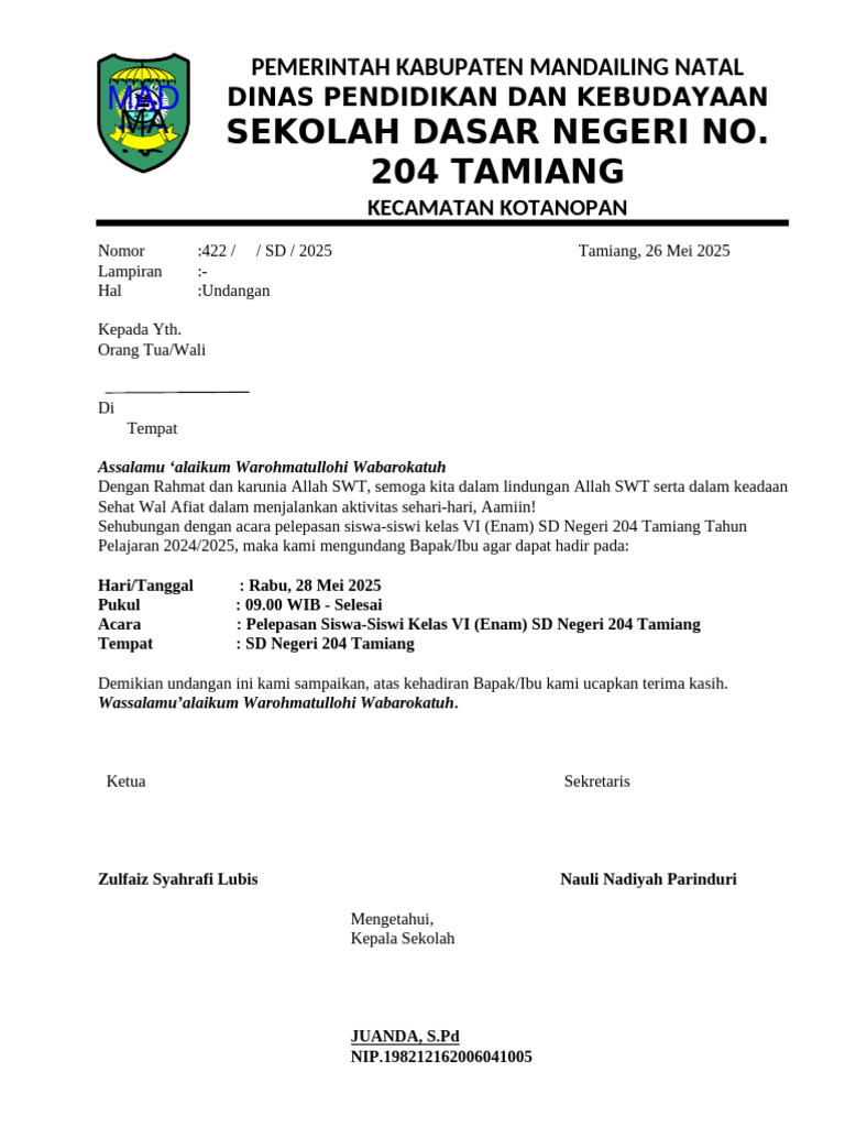 Undangan Pelepasan Siswa Kelas VI SD 204 | PDF