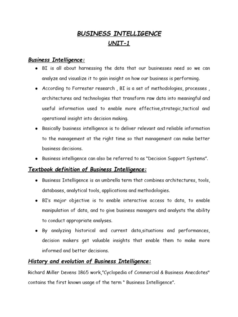 Business Intelligence Unit-1 | PDF | Business Intelligence | Data Warehouse