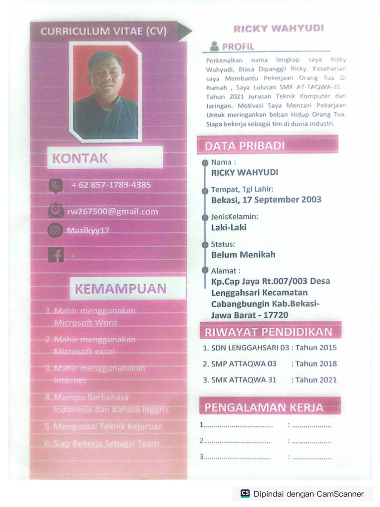 CV Lamaran Kerja Ricky Wahyudi | PDF