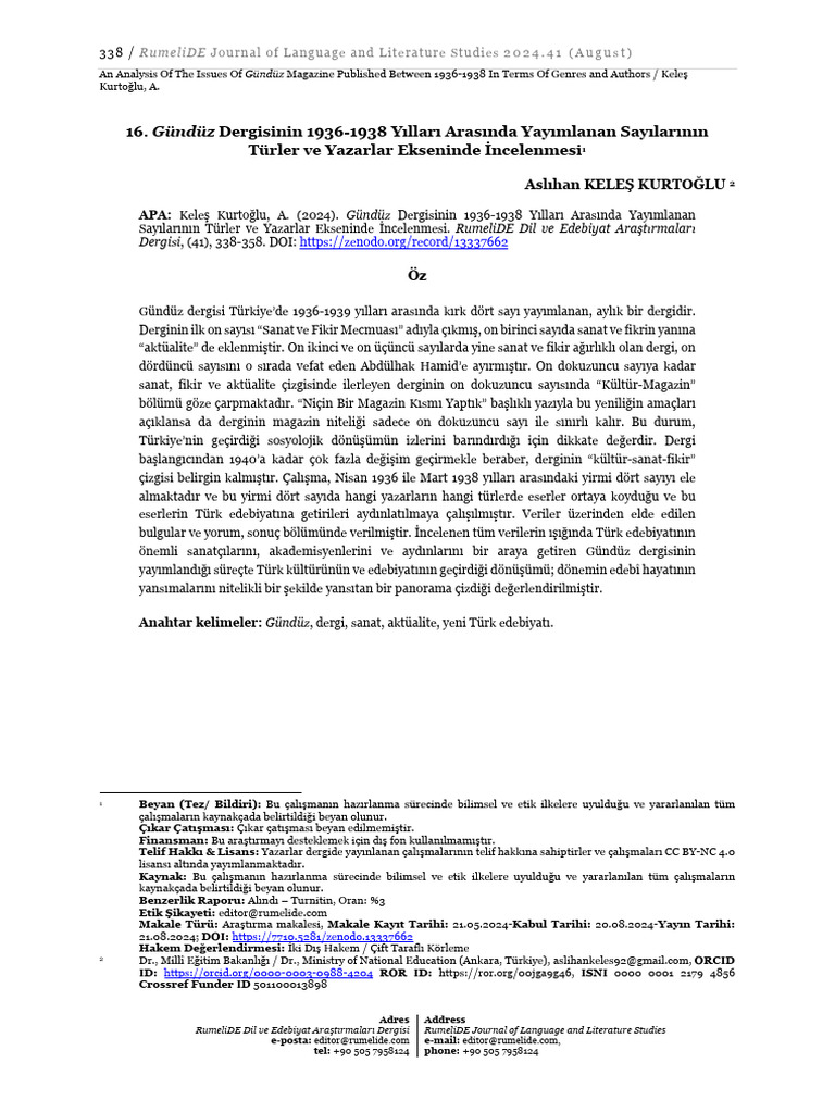 Gündüz: 16. Dergisinin 1936-1938 Y Llar Aras Nda Yay Mlanan Say Lar N N ...