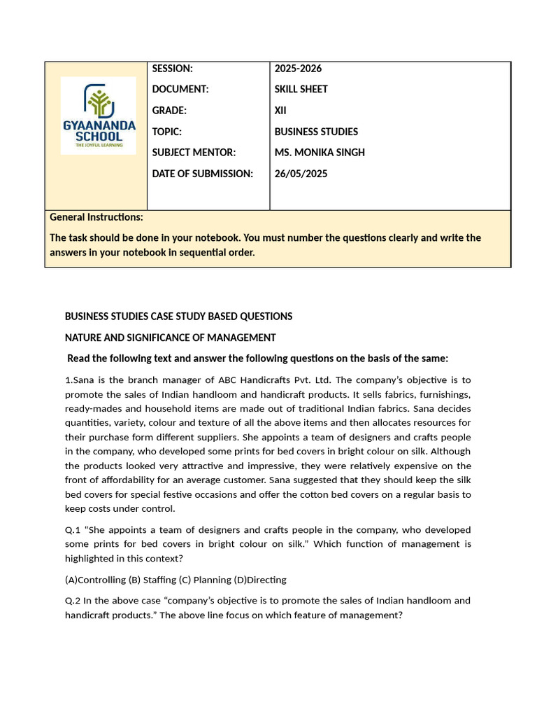 Business Studies Case Study Based Questions Nature and Significance of ...