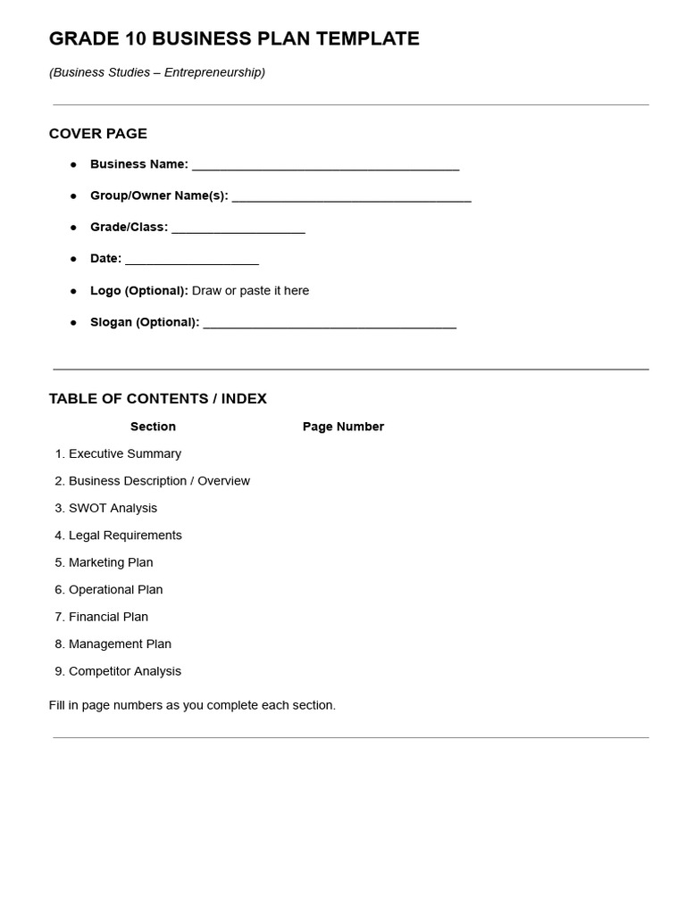 Grade 10 Business Plan Template | PDF | Economies | Business Economics