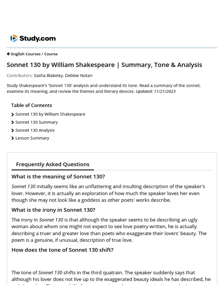 Shakespeare's Sonnet 130 Analysis | PDF | Sonnets | Poetry