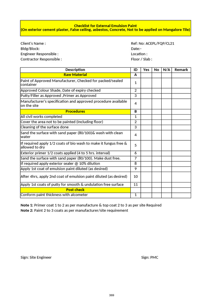 External Emulsion Paint Checklist | PDF