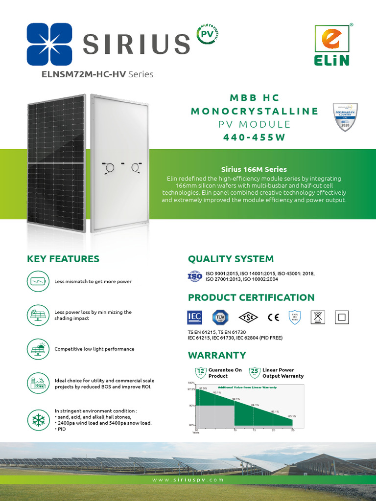 Sirius 166m Model Elnsm72m HC HV 440 455w | PDF | Photovoltaics ...