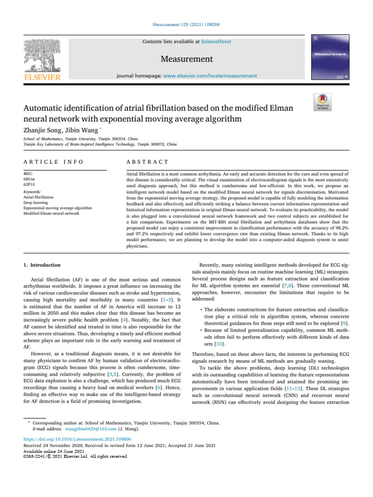 Automatic Identification of Atrial Fibrillation Based on the Modified Elman Neural Network With ...