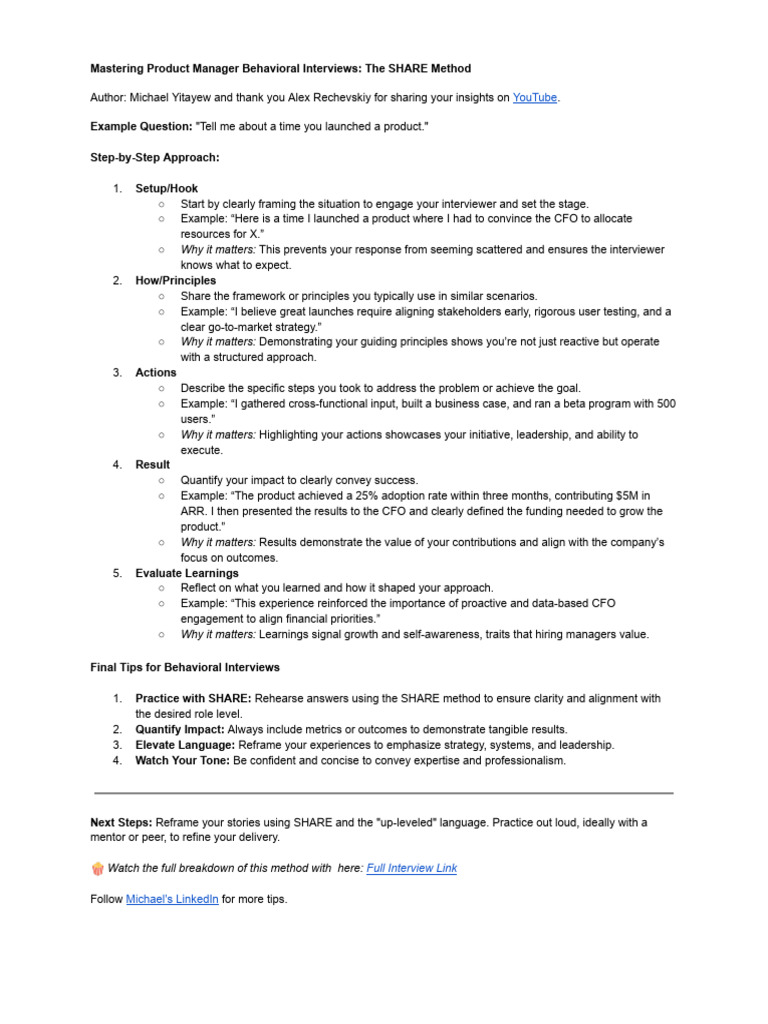 SHARE Method for Behavioral Interviews | PDF | Leadership | Software ...