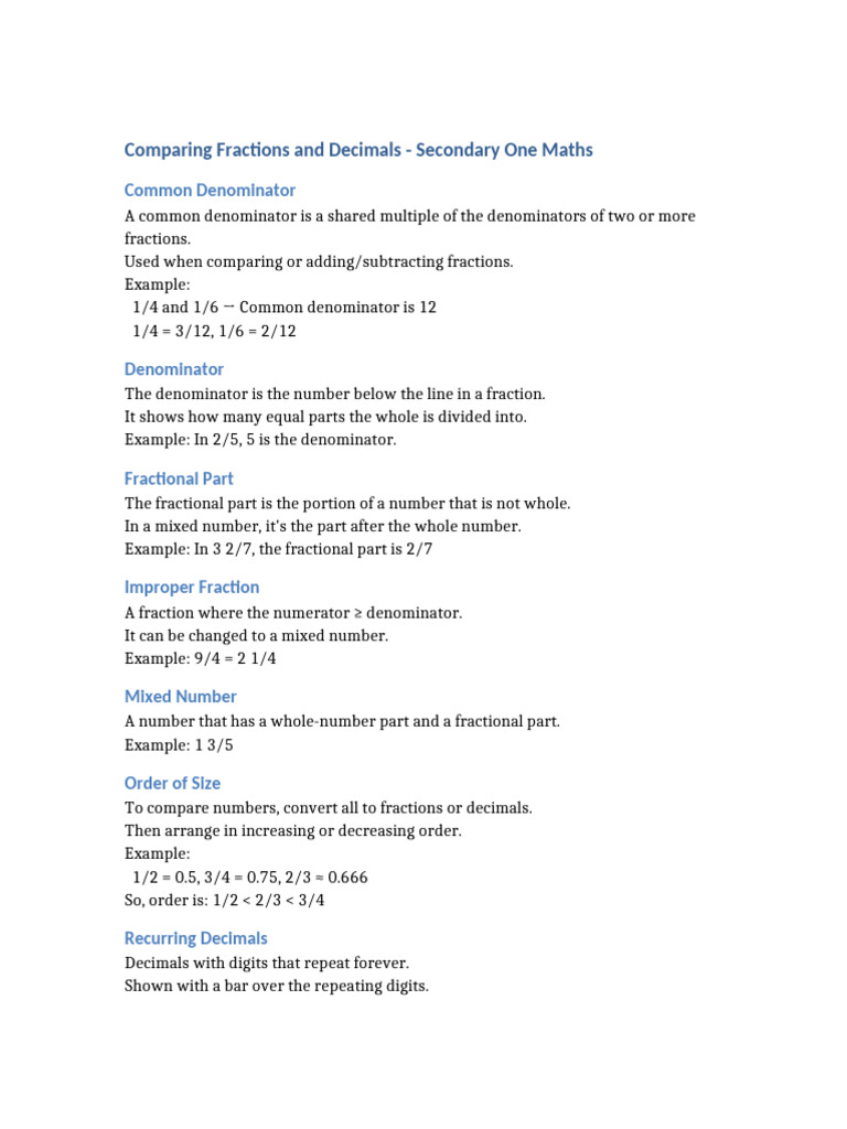 Comparing Fractions and Decimals Notes | PDF