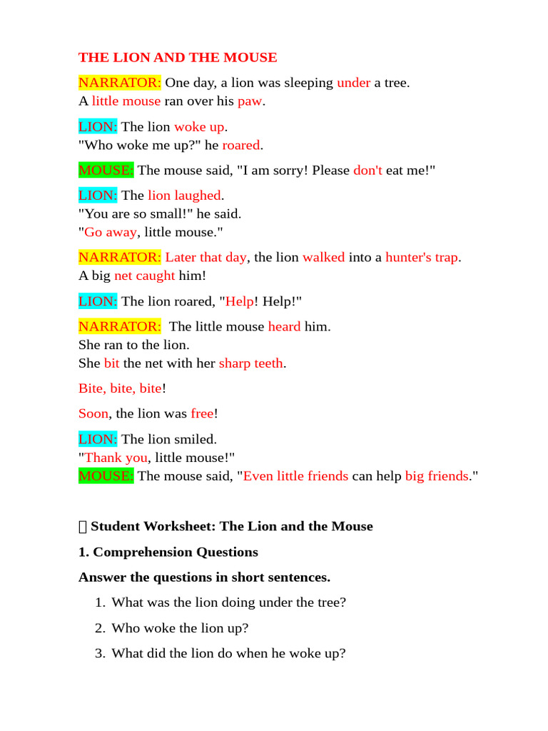 Lion and Mouse: A Friendship Tale | PDF