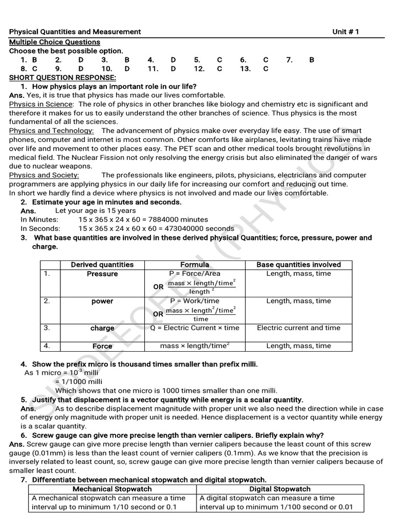 Unit # 1 Exercise Notes (Physical Quantities and Measuremets) Federal ...