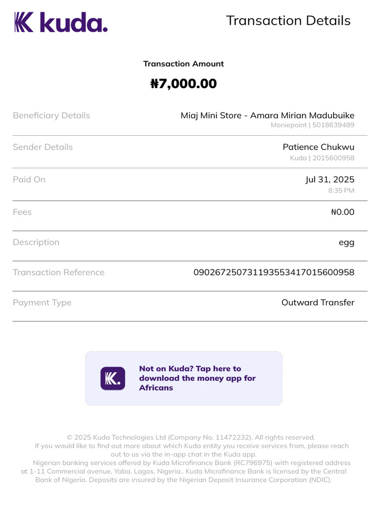 Kuda Transfer Receipt for ₦7,000 Transaction | PDF