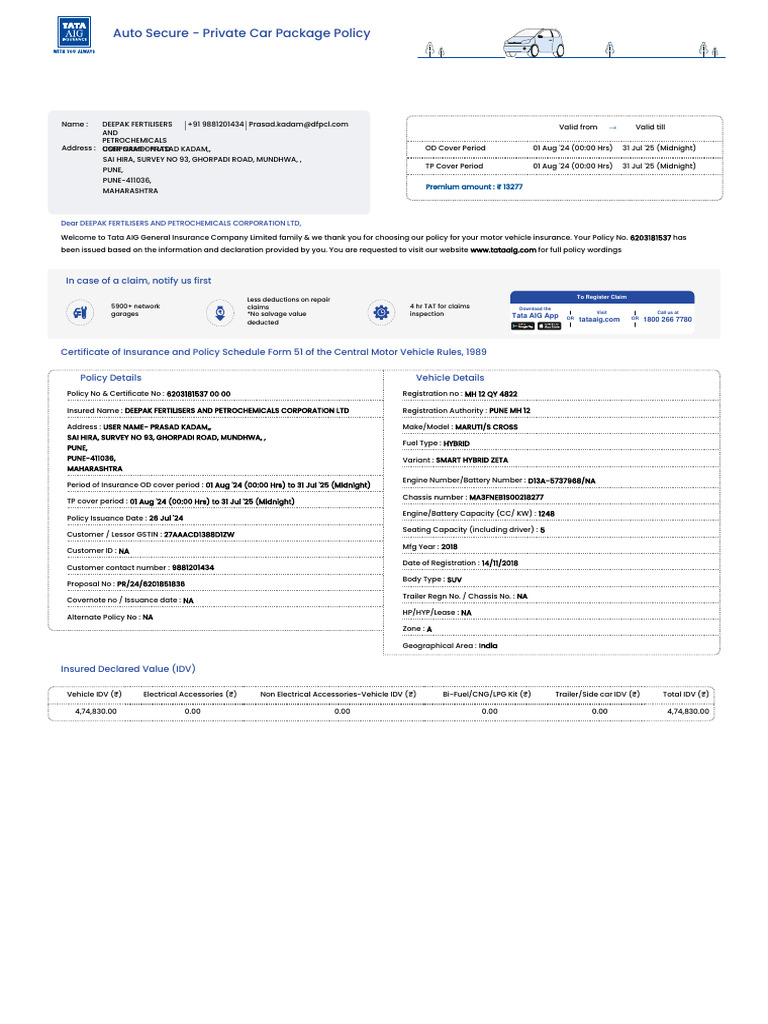 Tata AIG Motor Insurance Policy Details | PDF | Insurance | Deductible