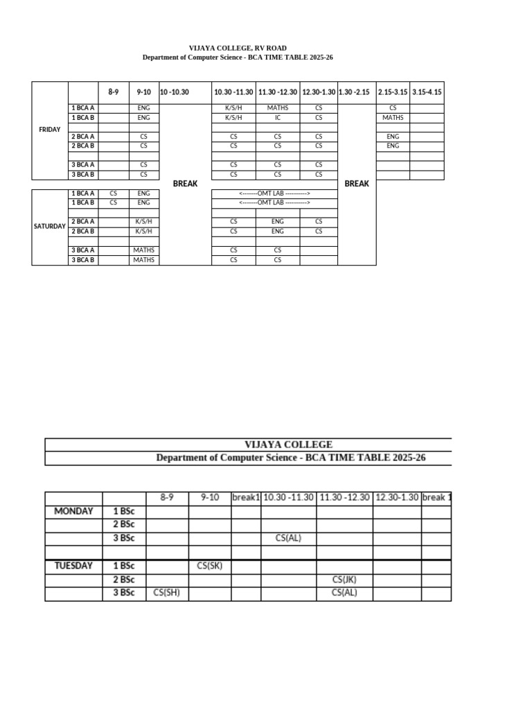 BCA Time Table 2025-26 - Vijaya College | PDF