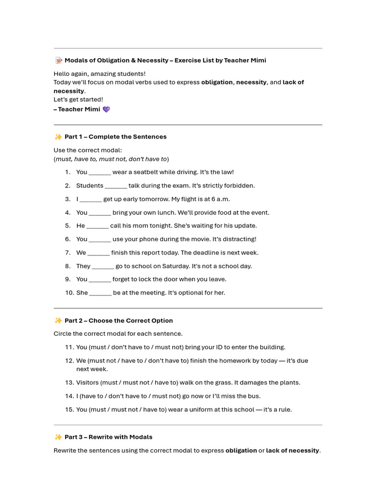 Modals of Obligation Exercise Guide | PDF