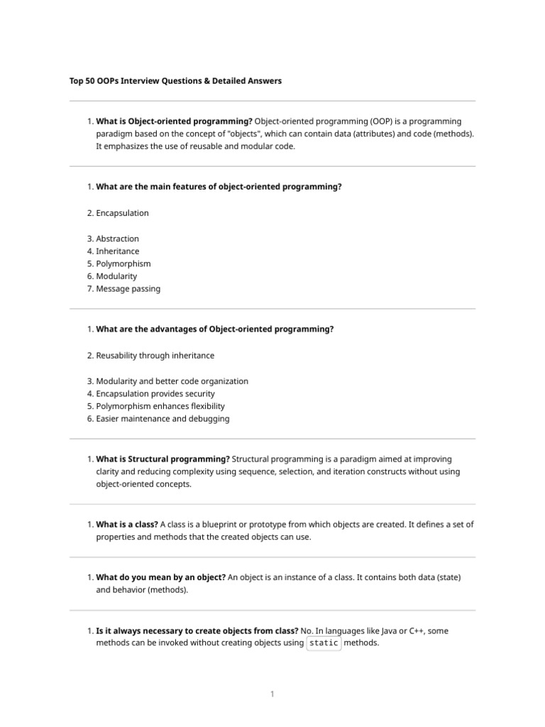 Top 50 Oops Interview Qa | PDF | Inheritance (Object Oriented Programming) | Method (Computer ...