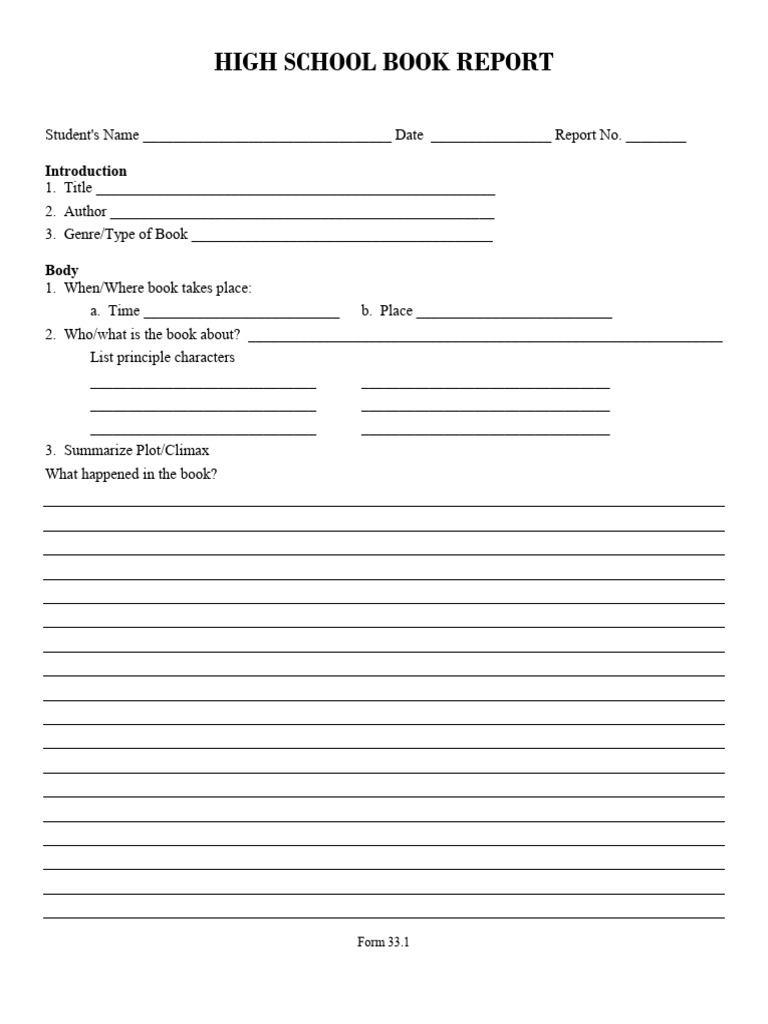 High School Book Report Template | PDF