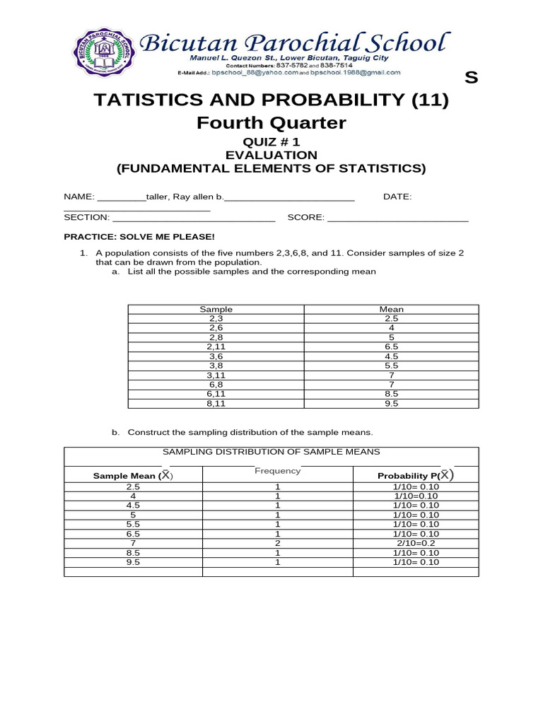 stat-4th-quiz-1 | PDF | Probability Distribution | Mean