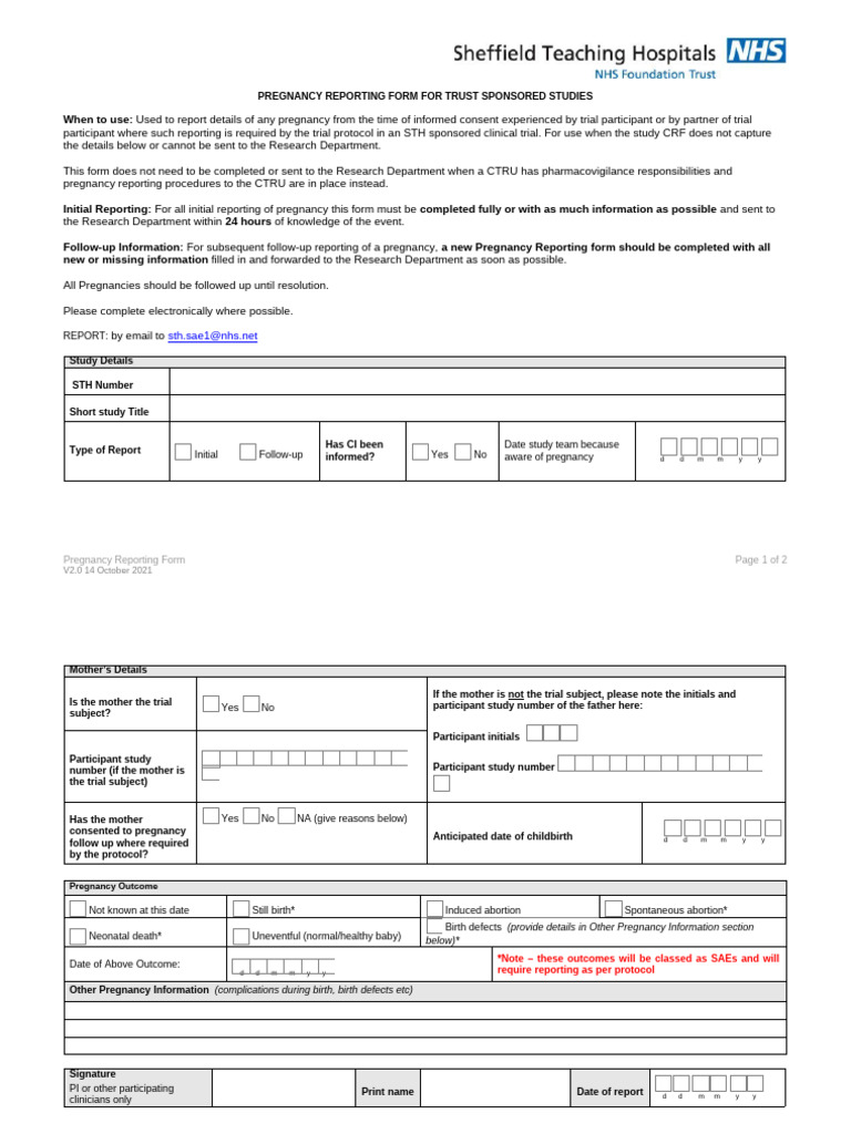 Pregnancy Reporting Form V2 14oct21 | PDF | Pregnancy | Abortion