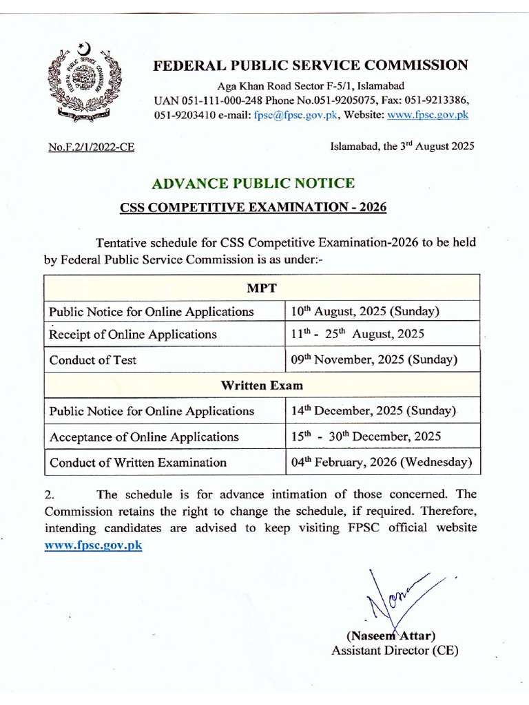 Advance Public Notice CSS-2026 03-08-2025 | PDF