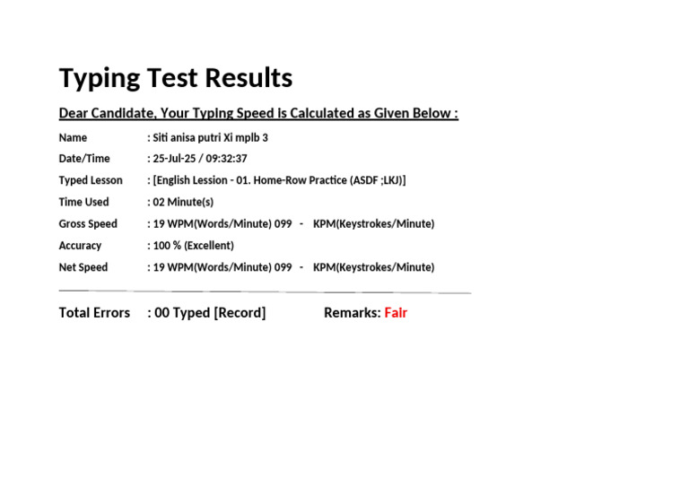Typing Test Results | PDF