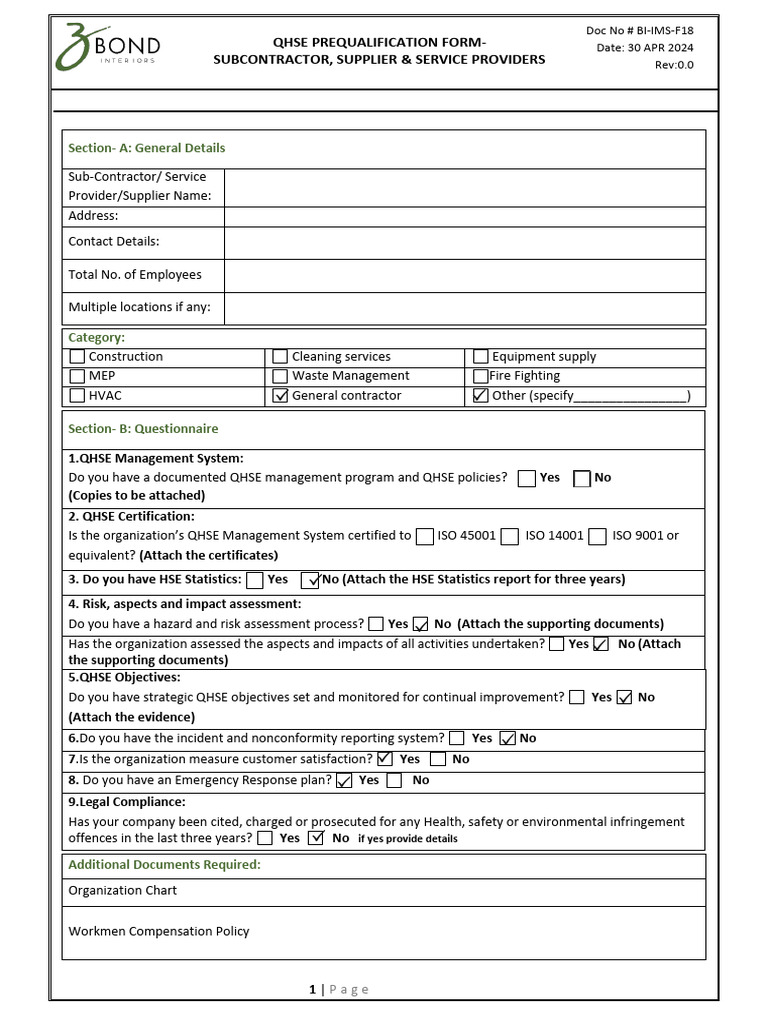 BI-IMS-F18 QHSE Prequalification Form FILLED | PDF