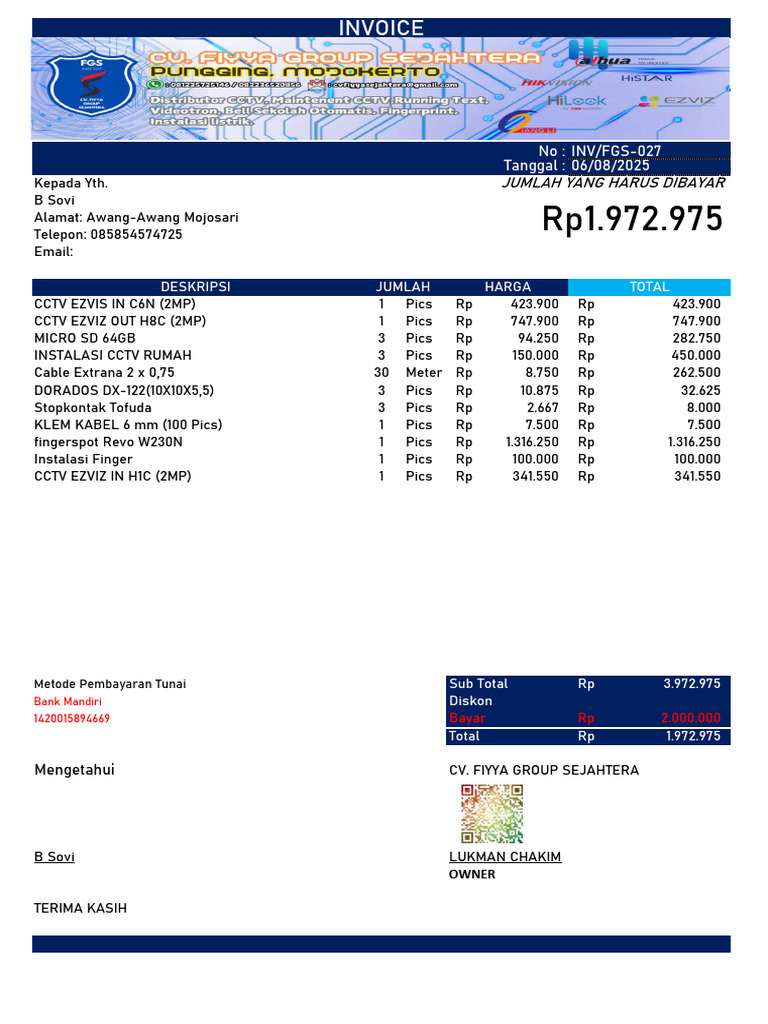 Invoice CCTV dan Instalasi Rp1.972.975 | PDF