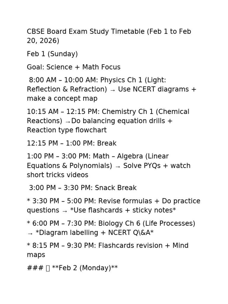 CBSE Board Exam Study Timetable | PDF | Mathematics
