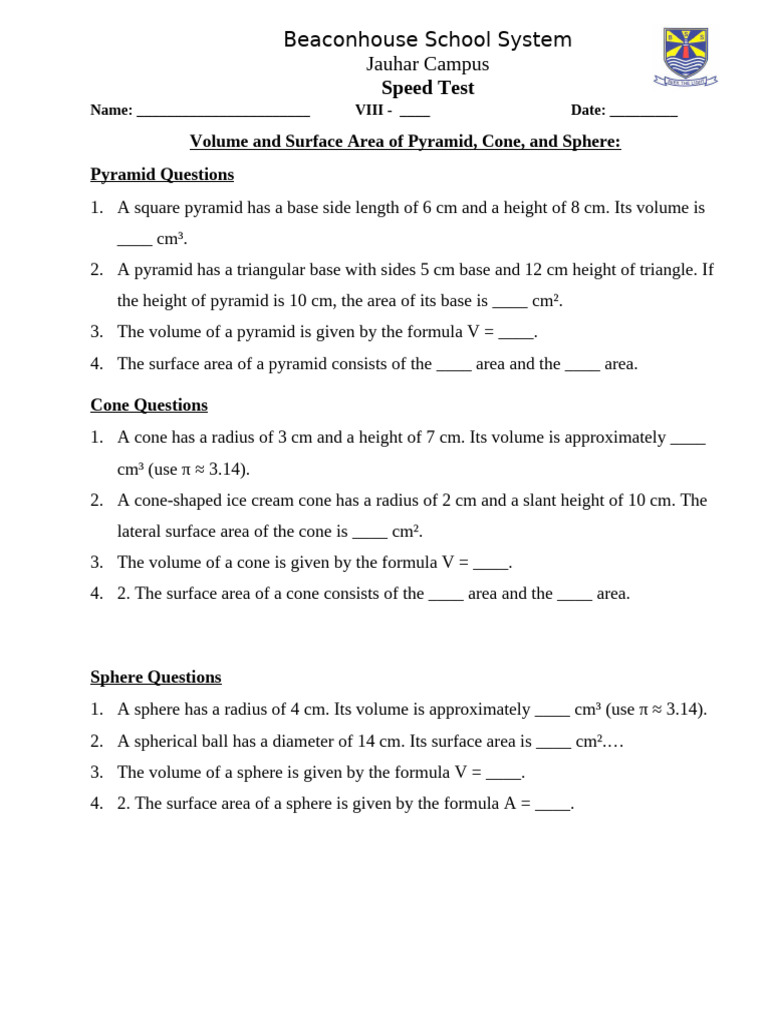 Speed Test Vol& Surface Area and Sets & Probability | PDF | Sphere | Area