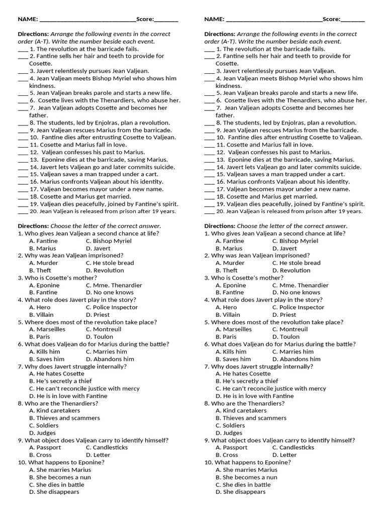 Les Miserables Quiz Worksheet | PDF | Cosette | Marius Pontmercy