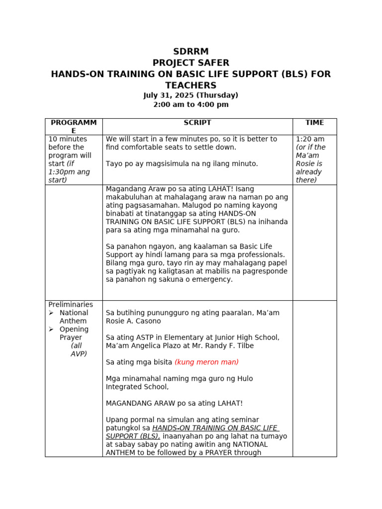 Script - Project Safer-hands-On Training On Basic Life Support (BLS) For Teachers | PDF