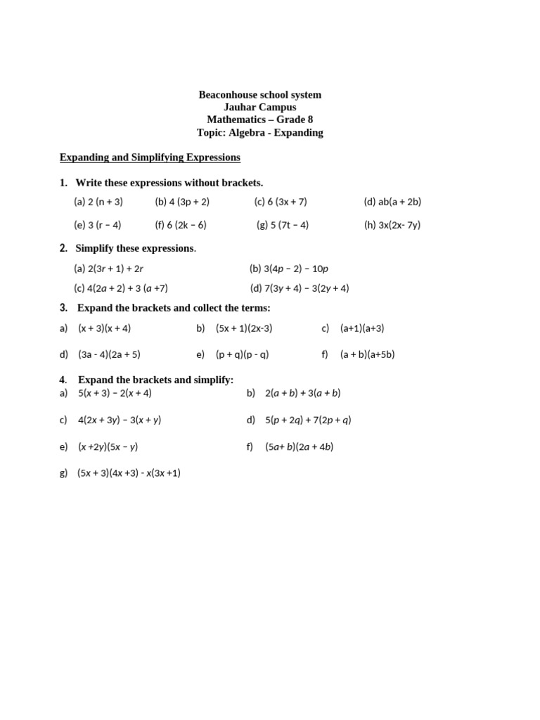 Expanding and Simplifying Algebraic Expressions | PDF