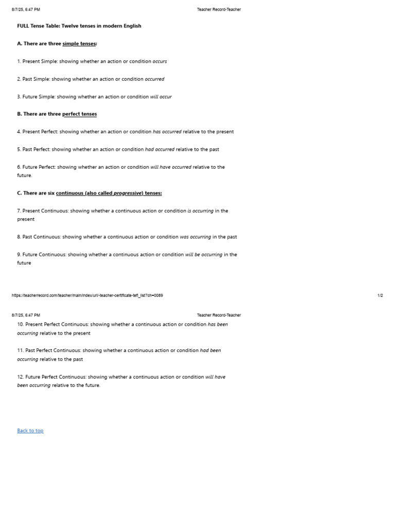 Full Tense Table in English | PDF