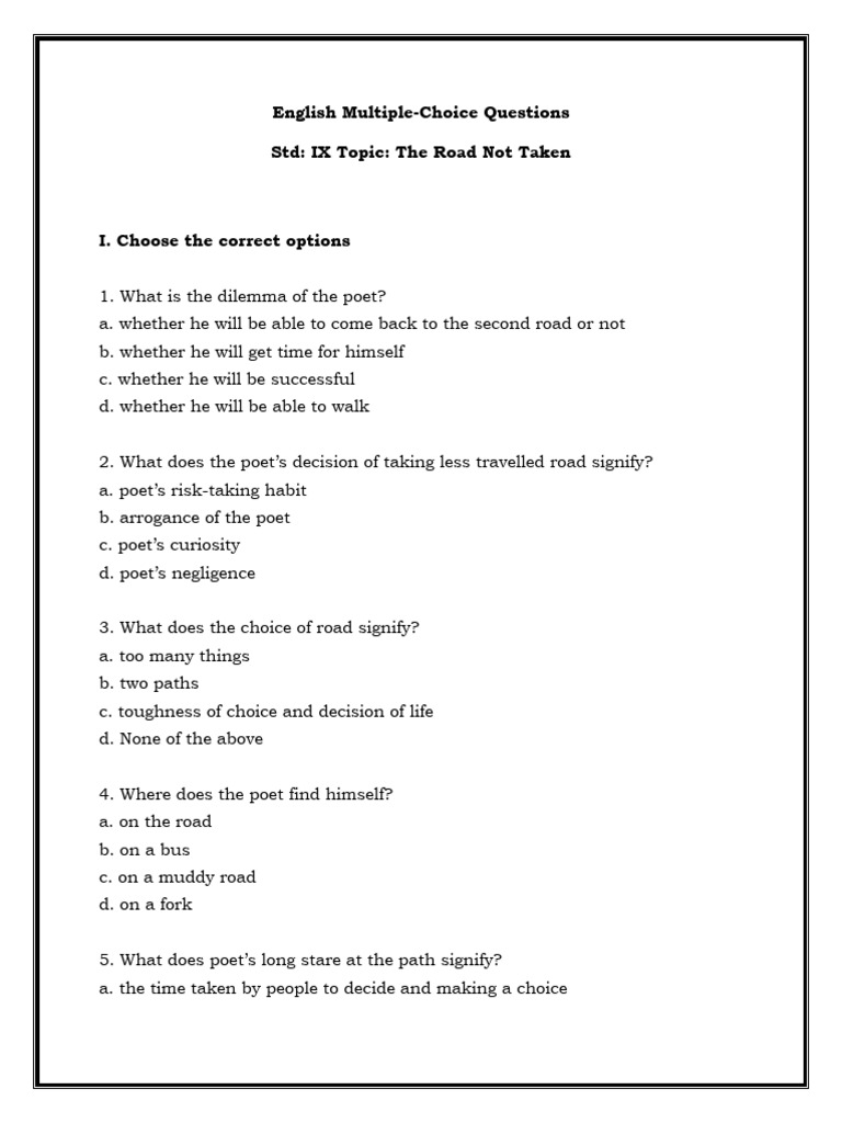 Test - English MCQ The Road Not Taken | PDF