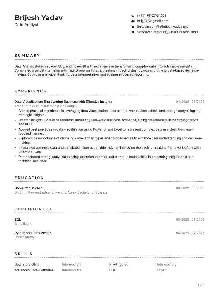 Brijesh Yadav - Data Analyst - Resume | PDF | Data | Information Science