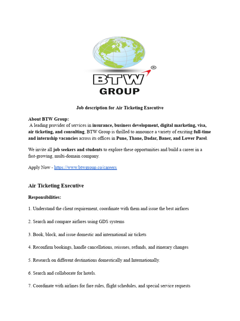 BTW Group - Air Ticketing Executive | PDF