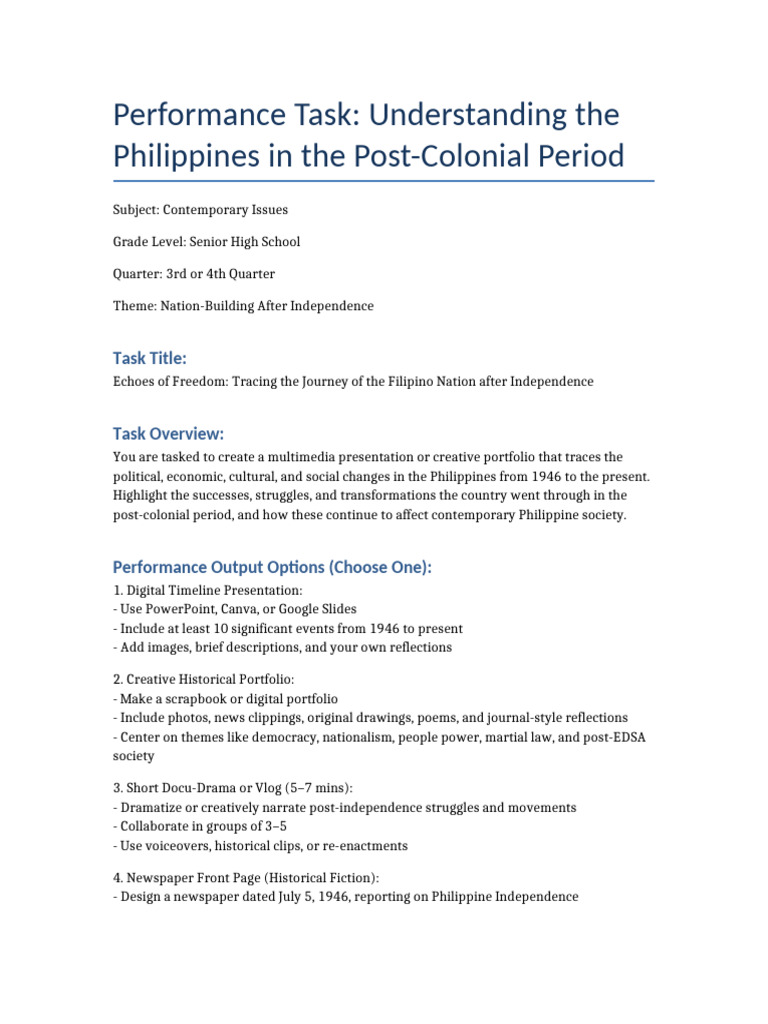 Post Colonial Period Performance Task Contemporary Issues | PDF ...