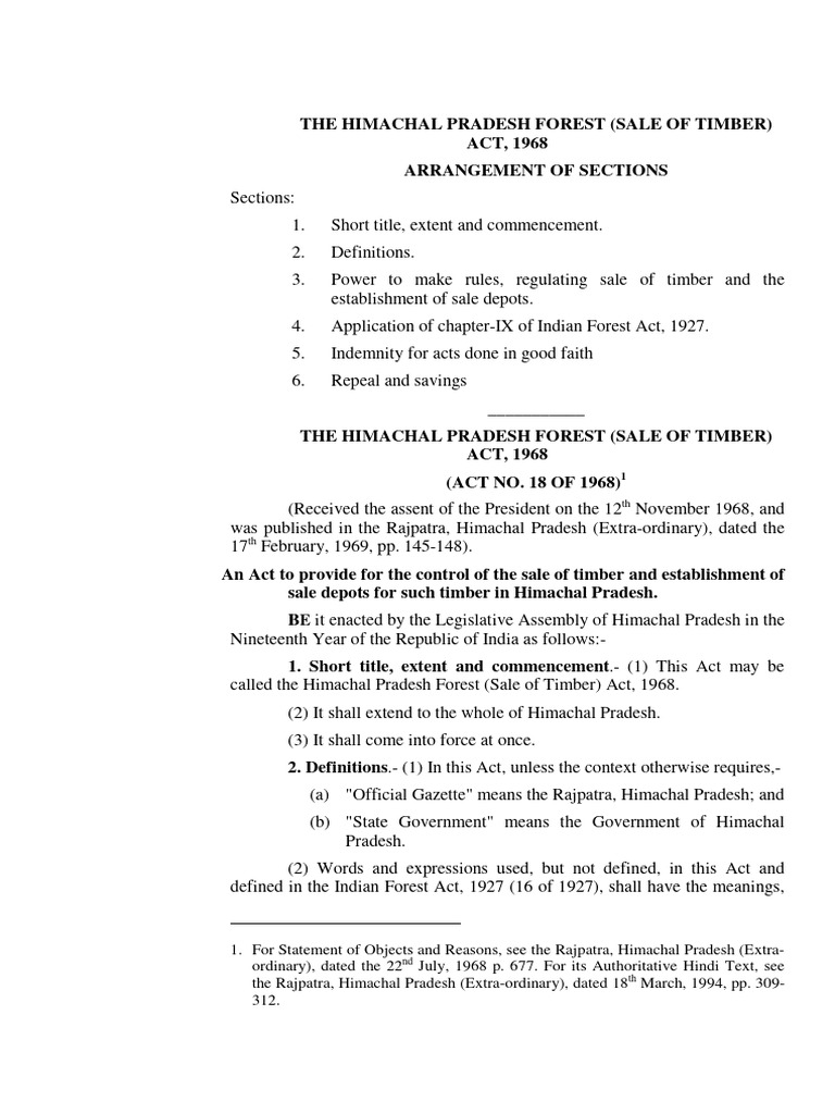 The Himachal Pradesh Forest (Sale of Timber) Act, 1968 | PDF ...