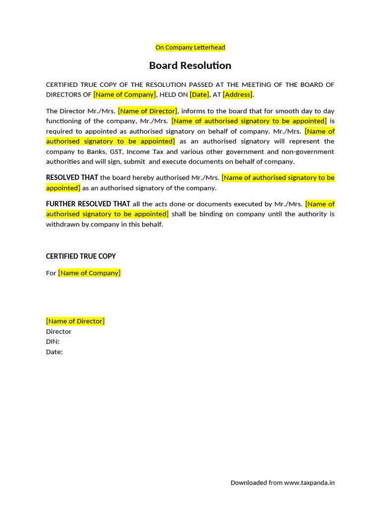 Board Resolution For Appointment of Authorised Signatory in Word Format | PDF
