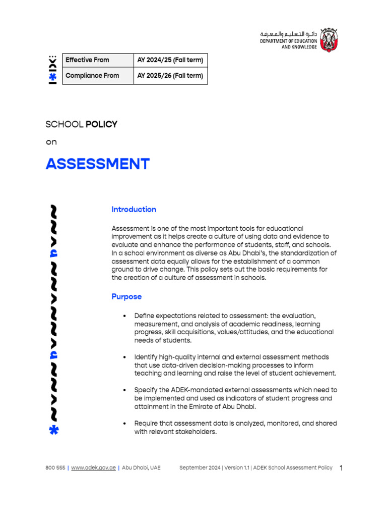 ADEK School Assessment Policy Overview | PDF | Educational Assessment ...