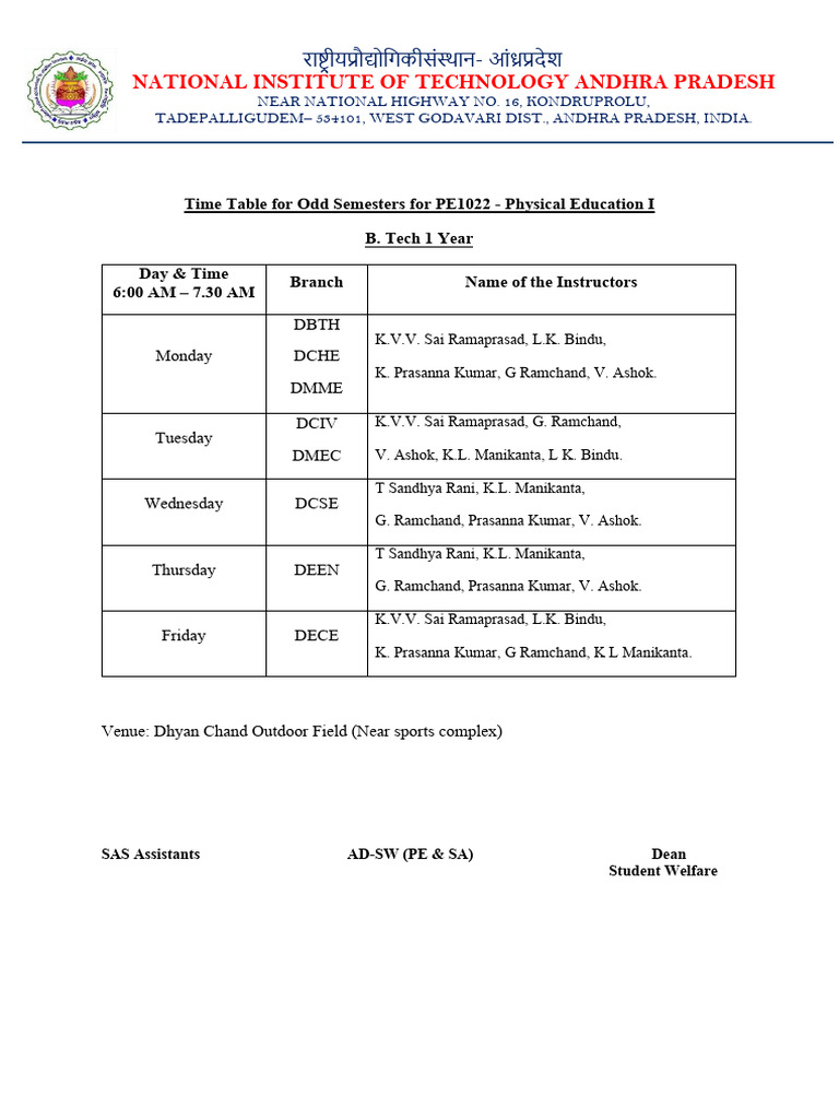 PE Courses & YOGA Time Table | PDF