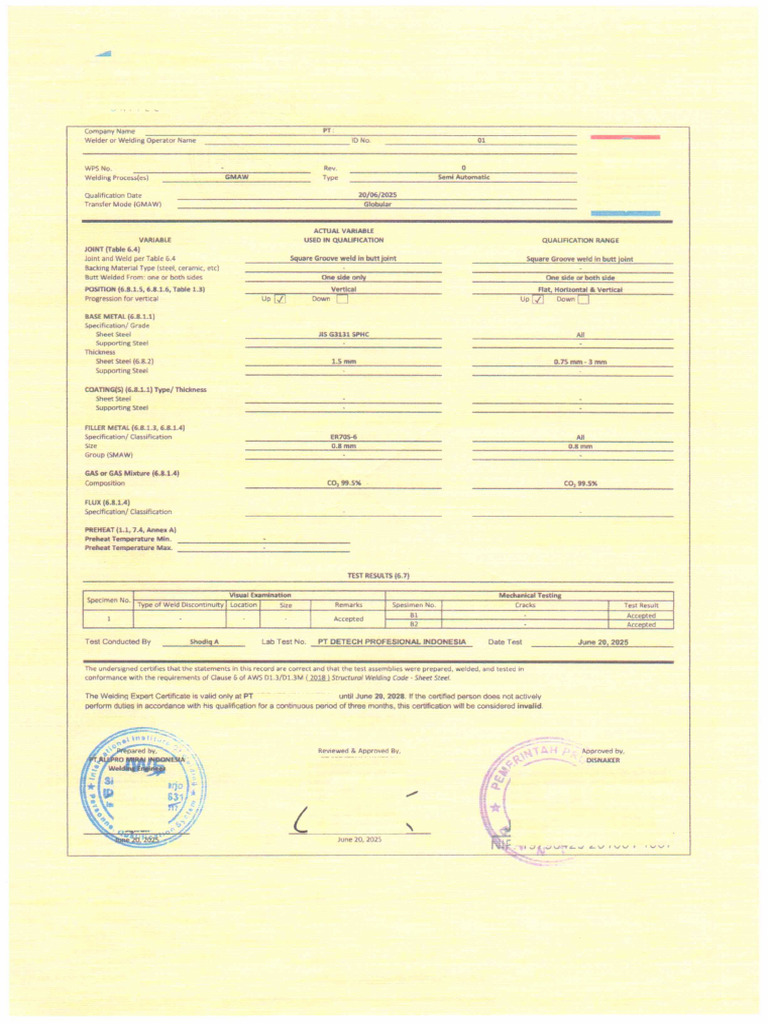 Contoh Sertif Disnaker Dan Migas | PDF