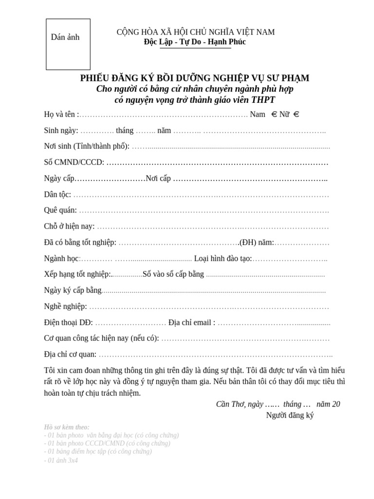 Phieu Dang Ky Boi Duong Nghiep Vu Su Pham THPT | PDF