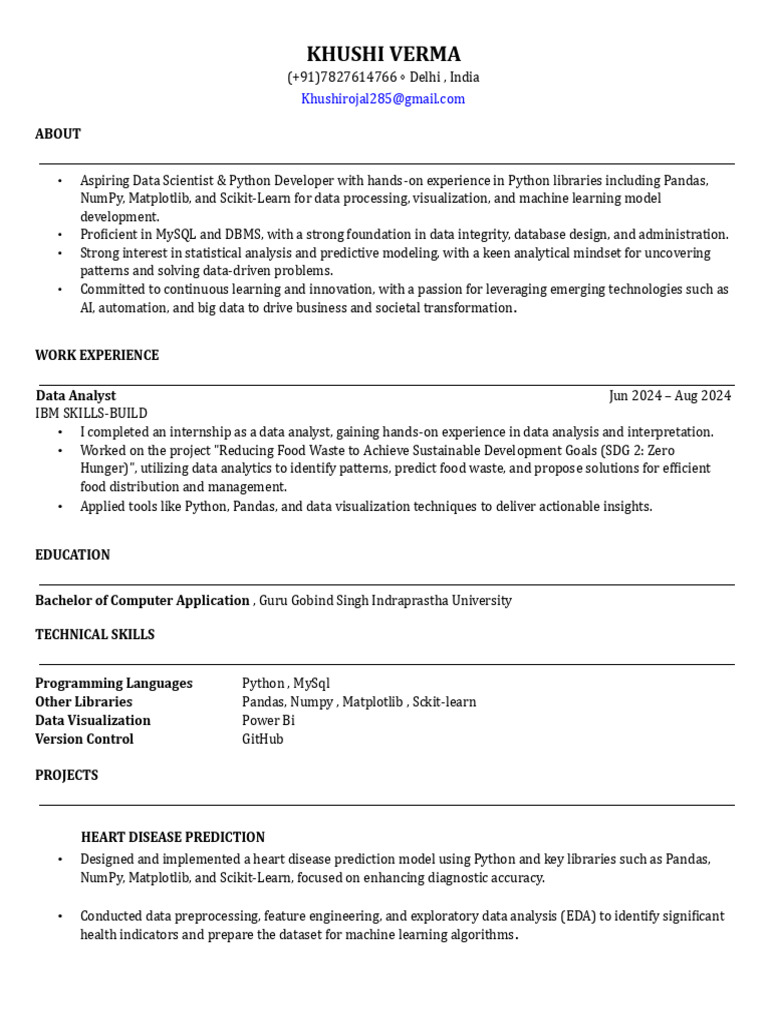 'Khushi Verma Resume' | PDF | Data Analysis | Machine Learning