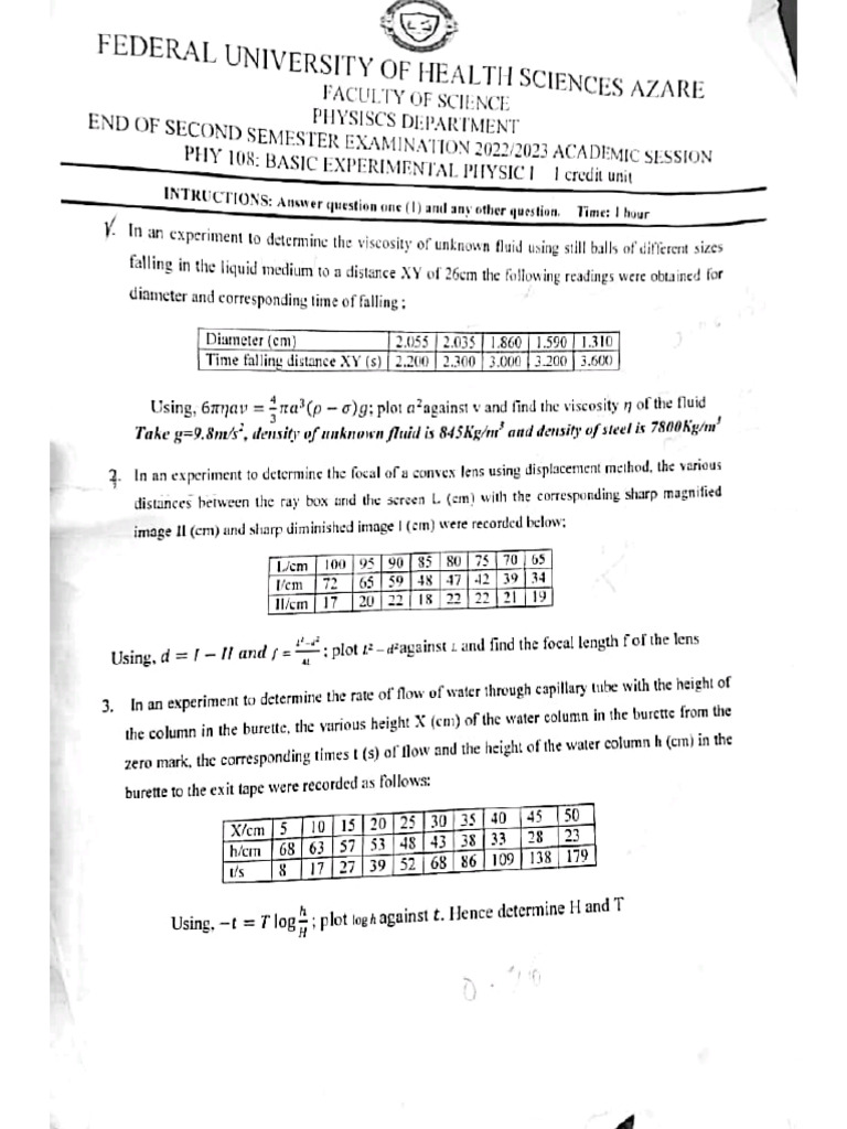 Phy 108 Dry Lab Test-1 | PDF