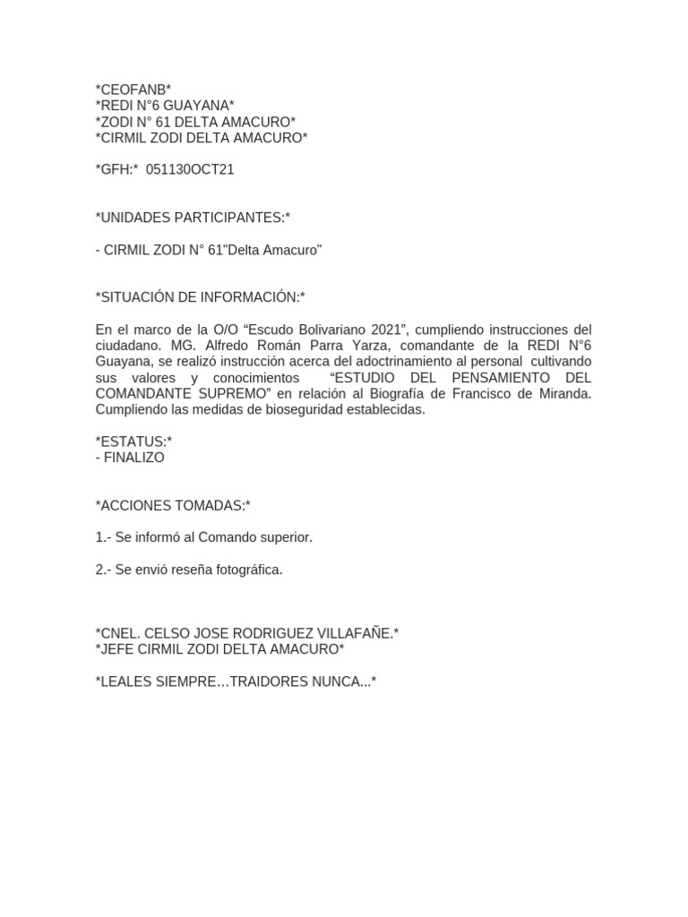 Parte Zodi Actual | PDF